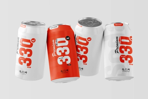 Four Floating 330ml Soda / Beer Can Mockup | Mockupnest