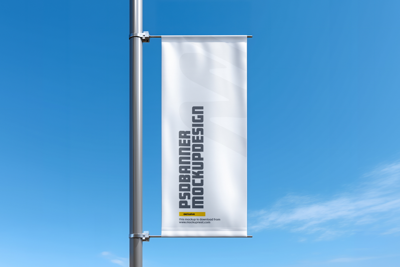 Free Vertical Street Banner Mockup on Pole in Clear Blue Sky | Mockupnest