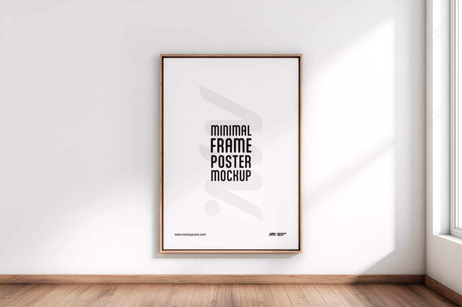 Free Vertical Wooden Frame Poster Mockup on White Wall Interior | Mockupnest