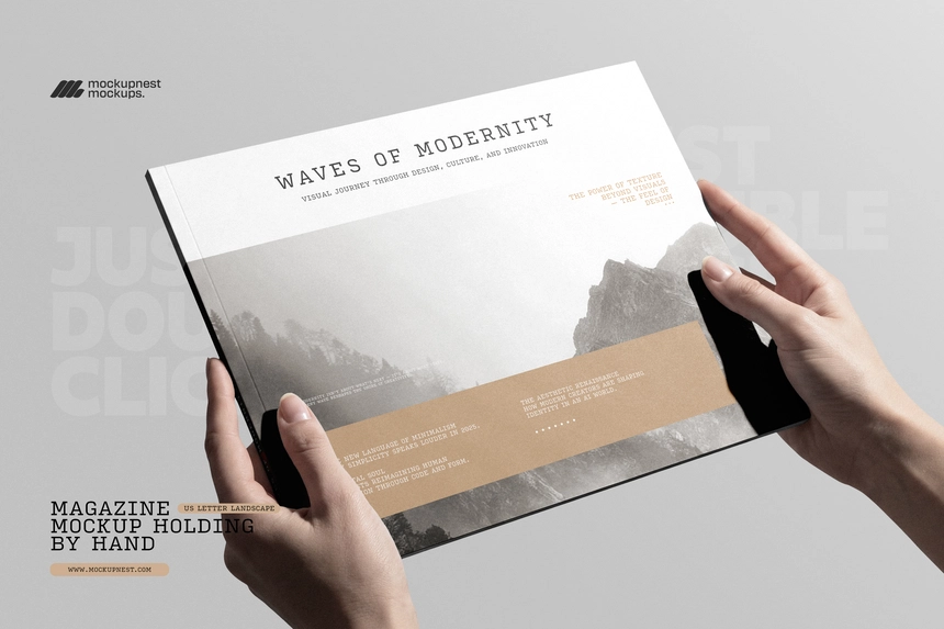 US Letter Landscape Magazine Cover Holding By Hand Mockup | Mockupnest