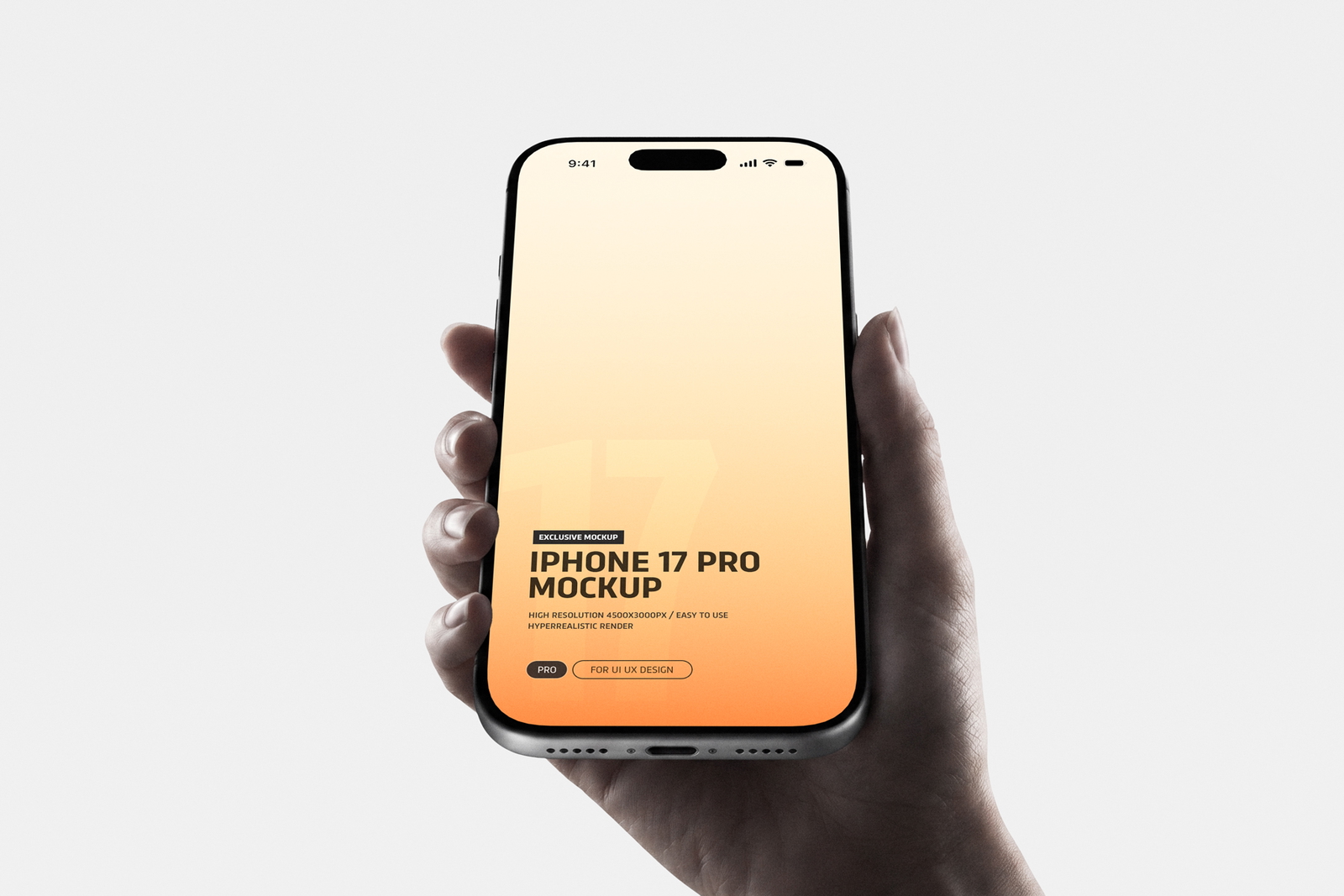 Free Hand Held iPhone 17 Pro Mockup on Minimal Background | Mockupnest